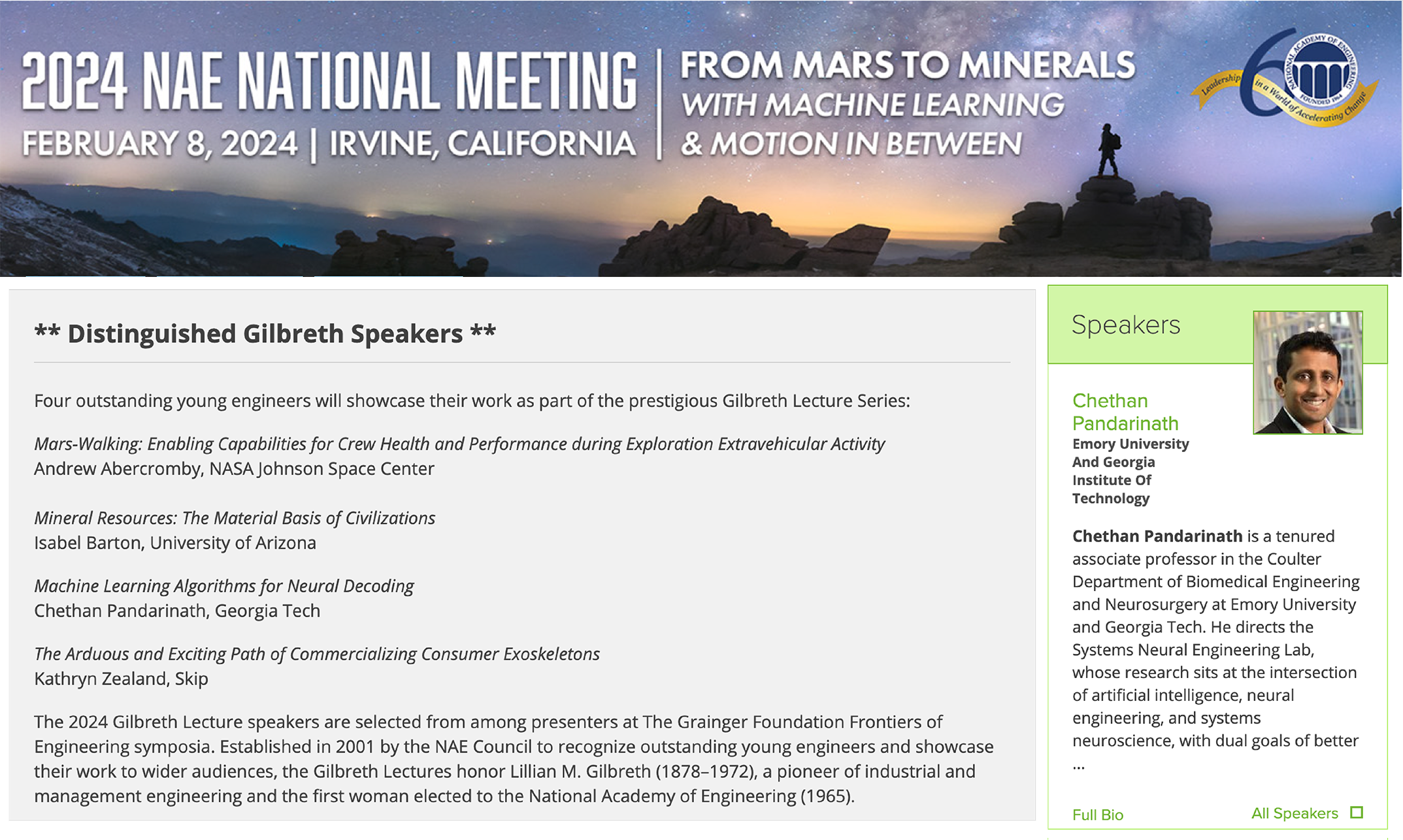 Dr. Pandarinath selected to give a prestigious Gilbreth Lectureship at ...